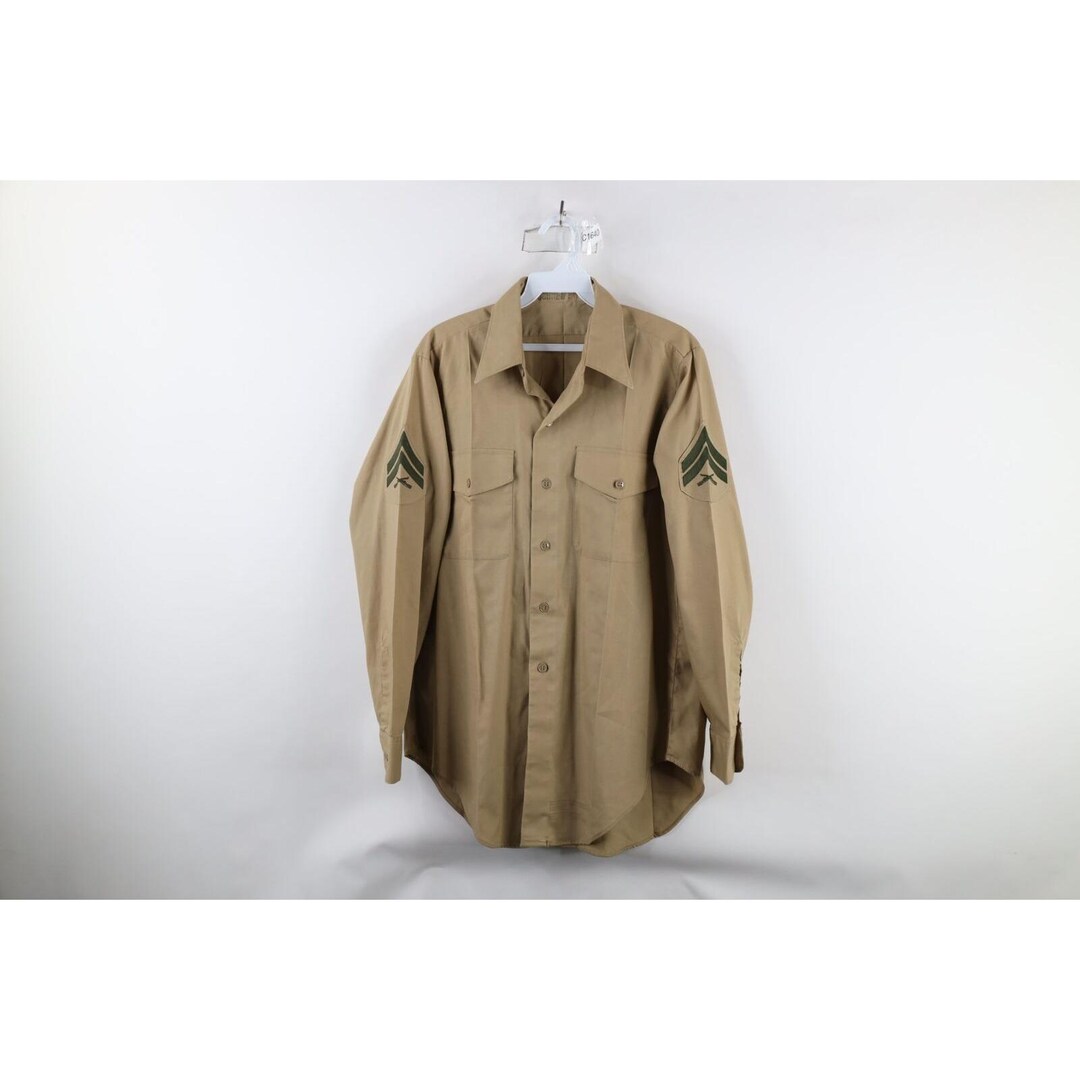 80s Military Mens 15 33 USMC Marines Collared Button Shirt Khaki USA ...
