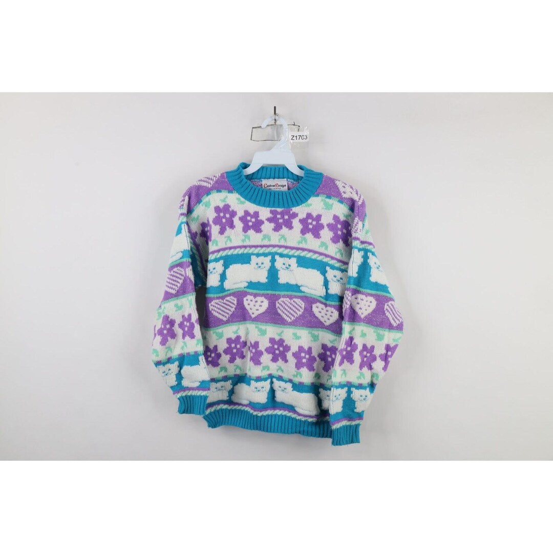 80s 90s Womens XS Fairy Kei Kawaii Heart Cat Flower Knit Sweater USA ...