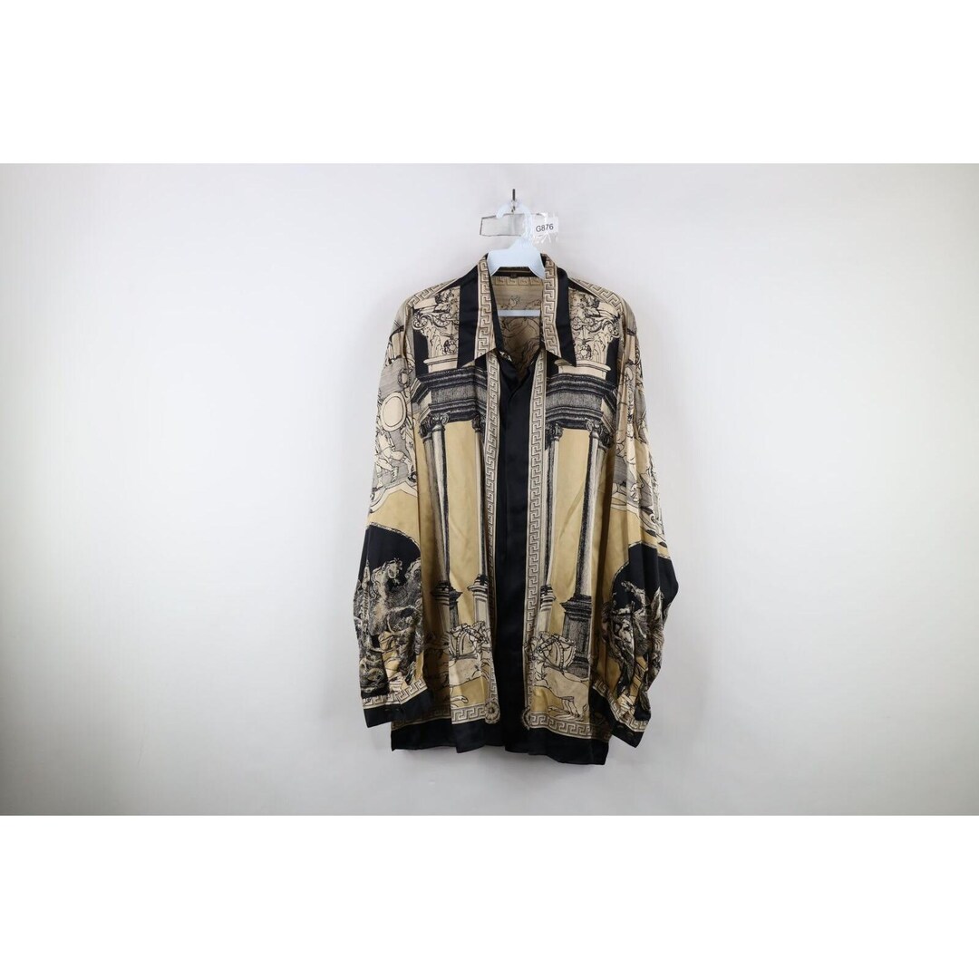 90s Streetwear Mens Large Silk Greco Roman All Over Print Button Shirt ...