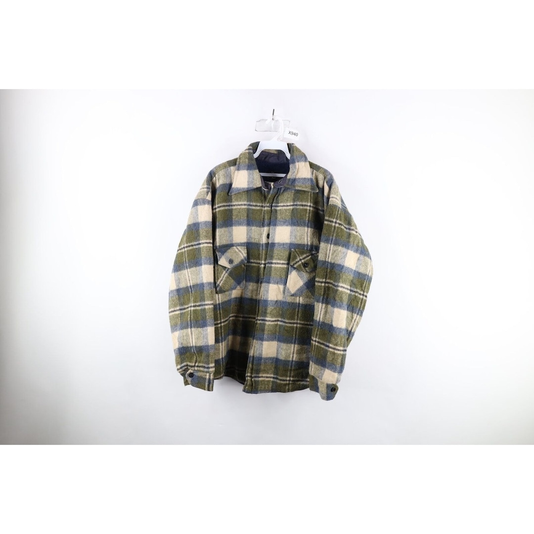 60s 70s Mens XL Heavyweight Wool CPO Button Shirt Jacket Green Plaid ...