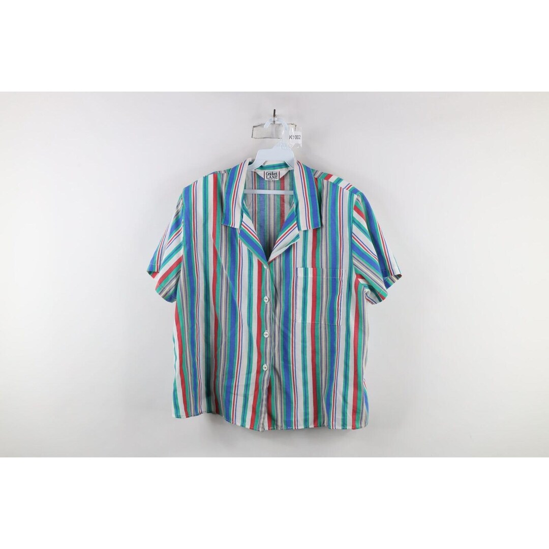 90s Streetwear Womens XL Faded Rainbow Striped Short Sleeve Button ...