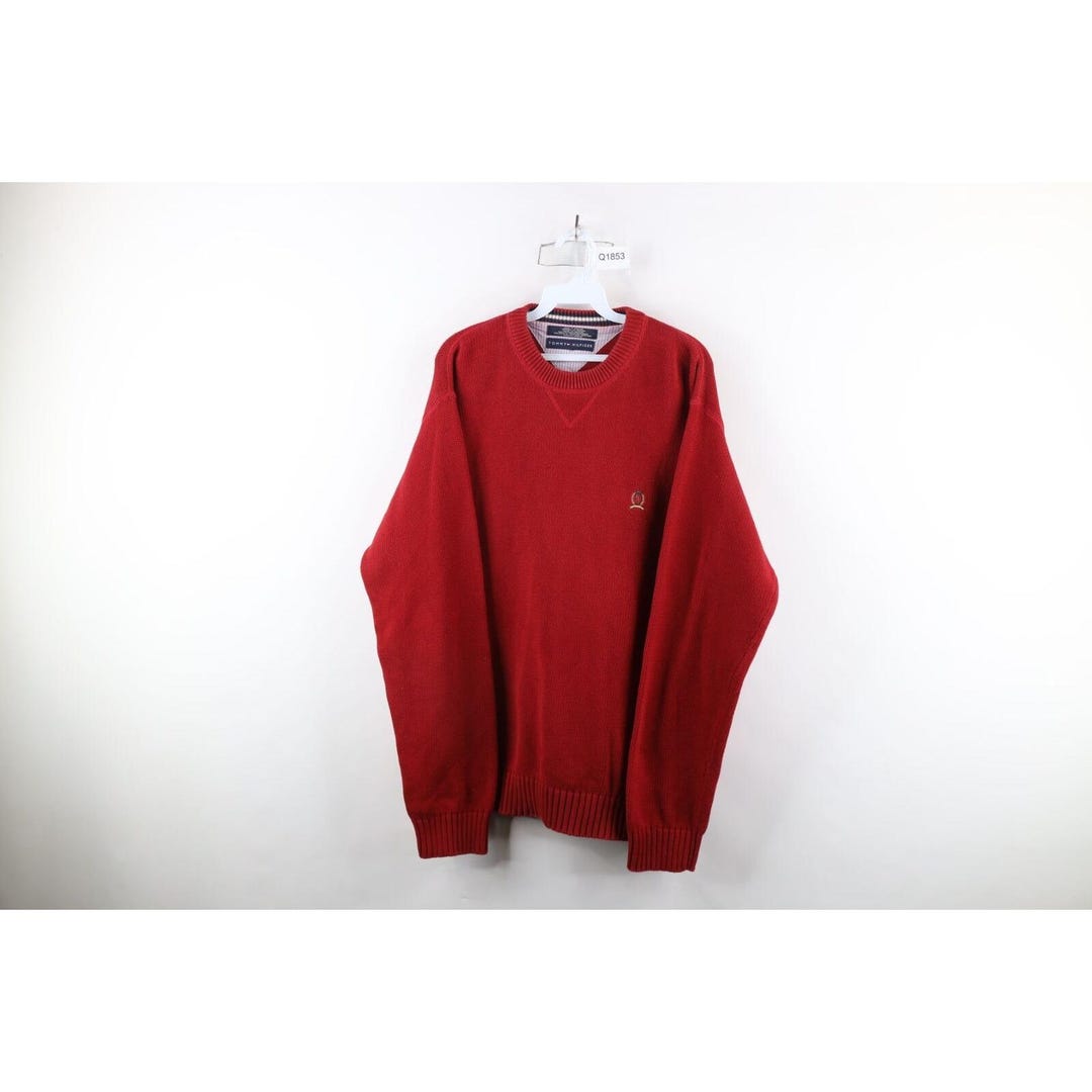 90s Tommy Hilfiger Mens Large Faded Heavyweight Cotton Knit Sweater Red ...