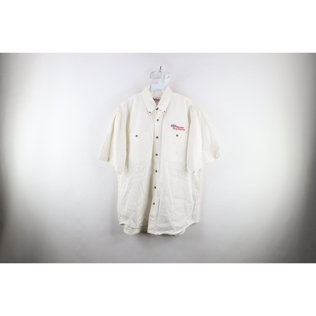 90s Mens Large Distressed NHRA Winston Drag Racing Button Shirt Cream ...