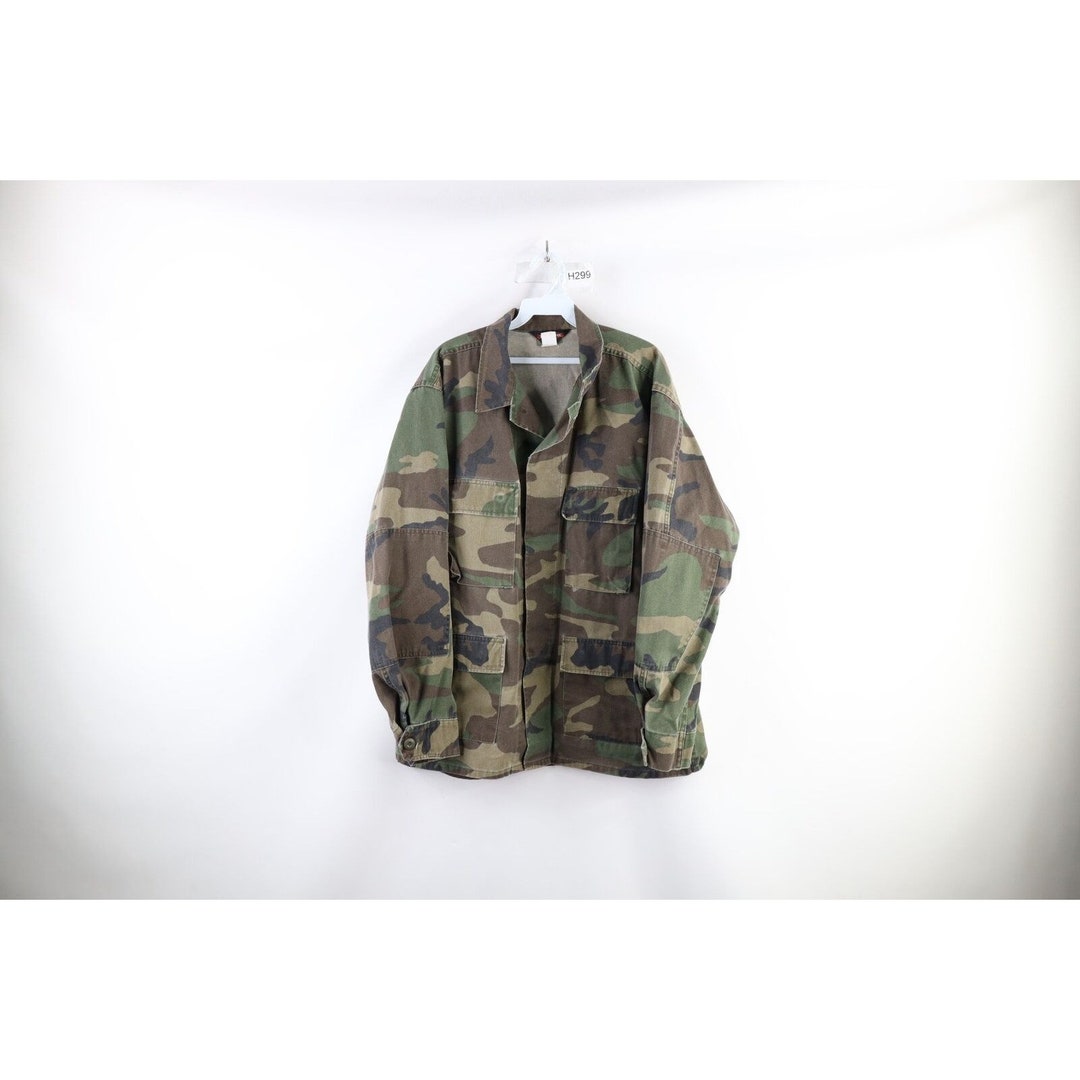 90s Mens Large Faded Military Style Full Button Field Jacket Camouflage ...