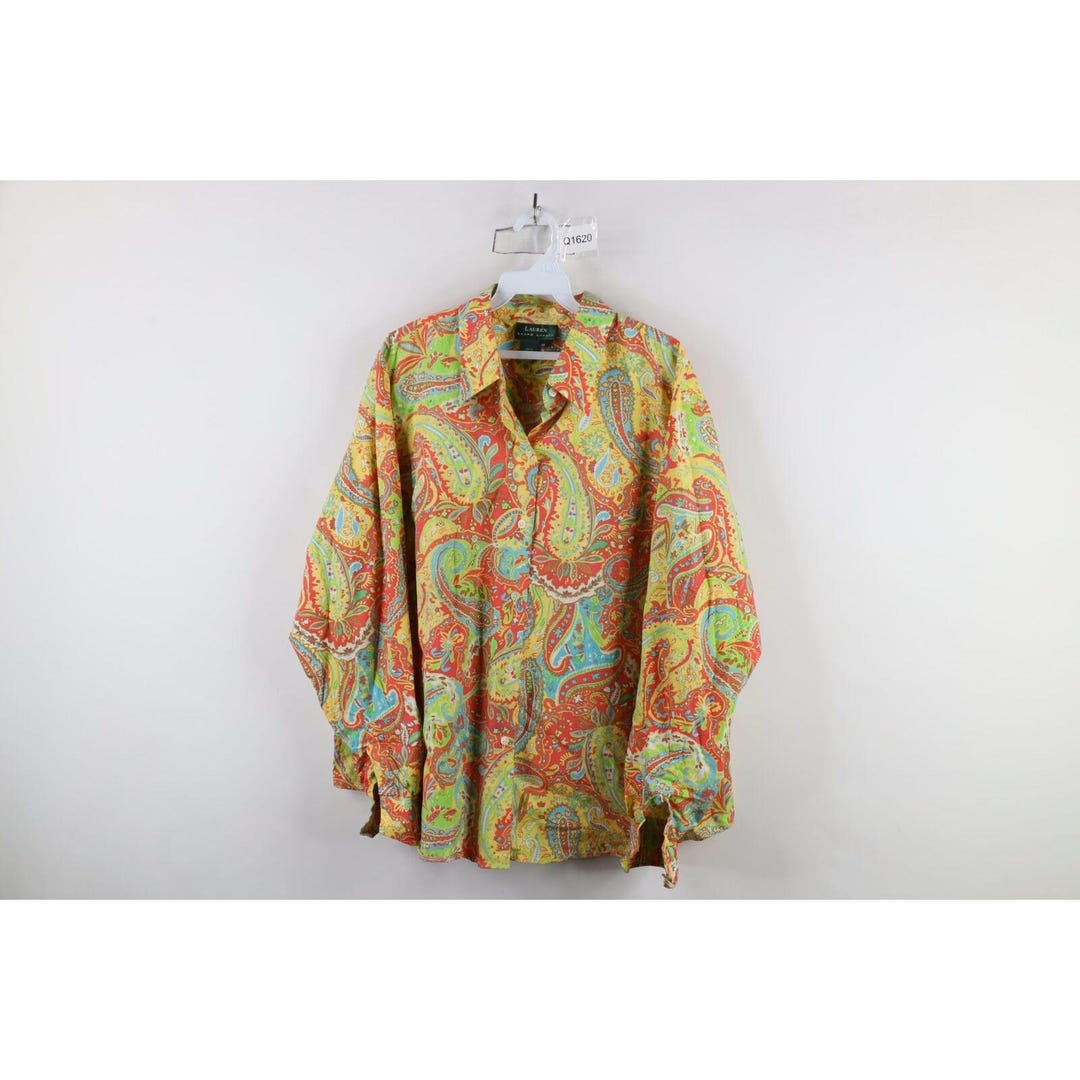 90s Ralph Lauren Womens 3X Rainbow Paisley Collared Button Shirt Cotton ...