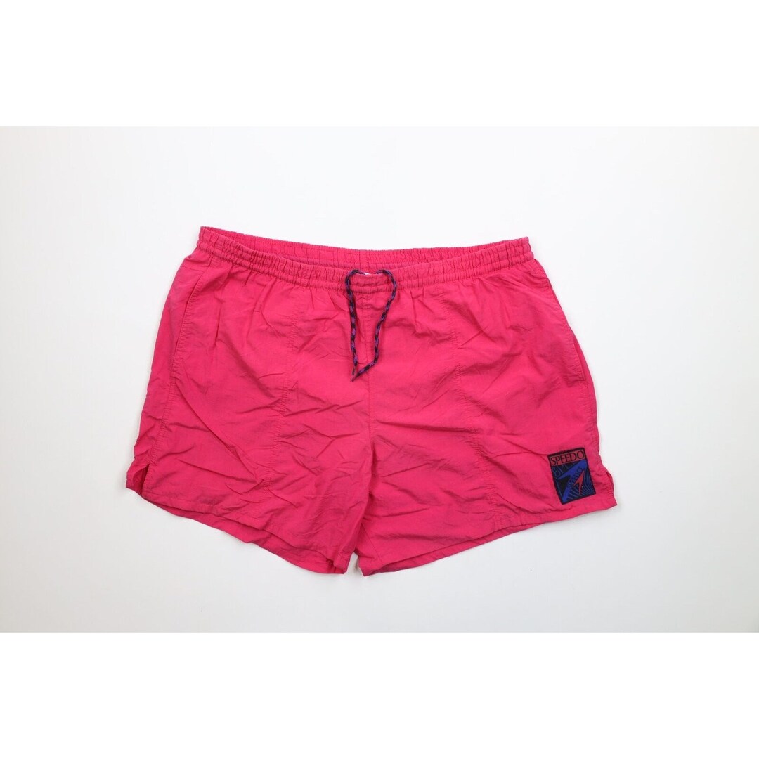 90s Speedo Mens Large Spell Out Lined Swim Trunks Shorts Pink Nylon ...