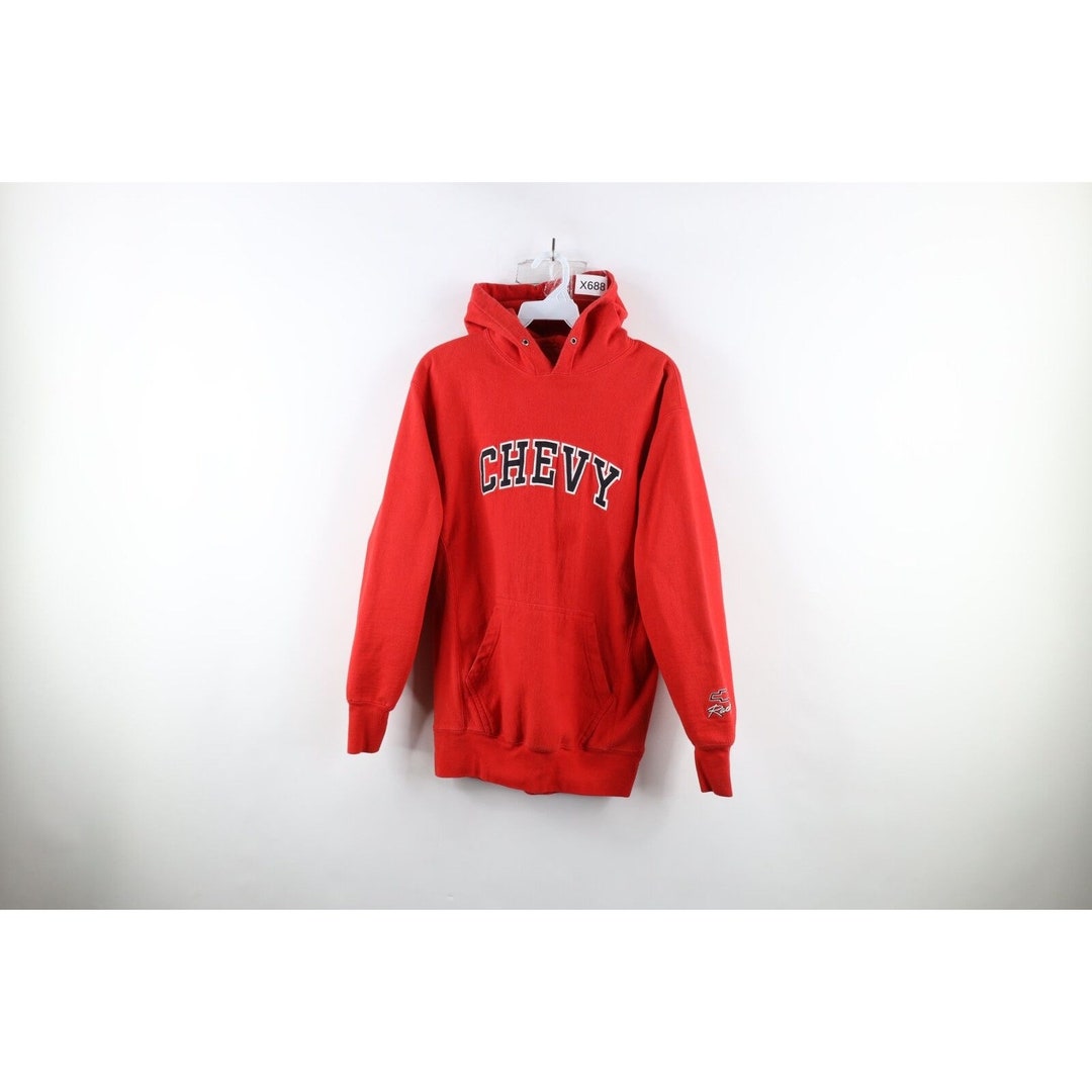 90s Mens Small Spell Out Chevy Chevrolet Racing Heavyweight Hoodie Red ...