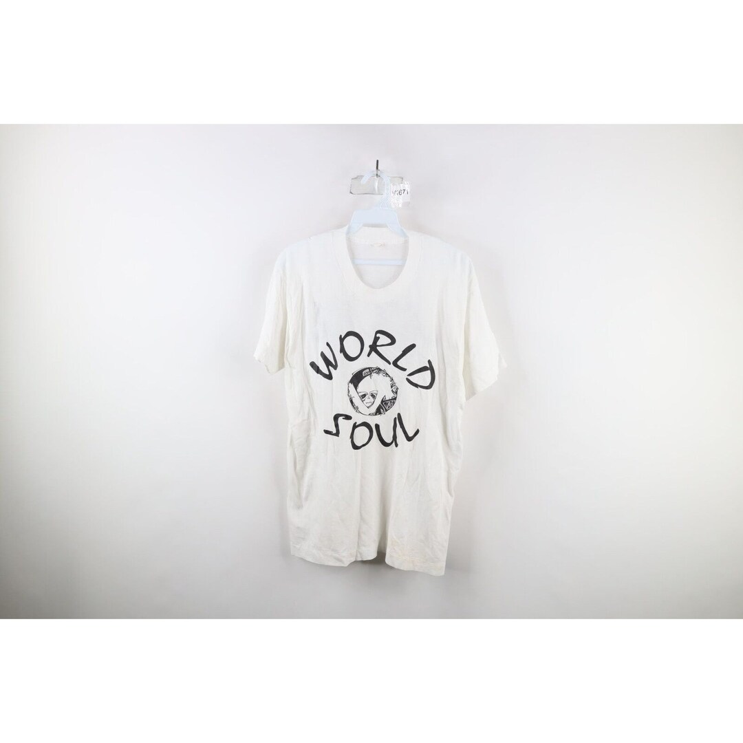 90s Streetwear Mens Medium Spell Out World Soul Funk Band T-shirt White ...