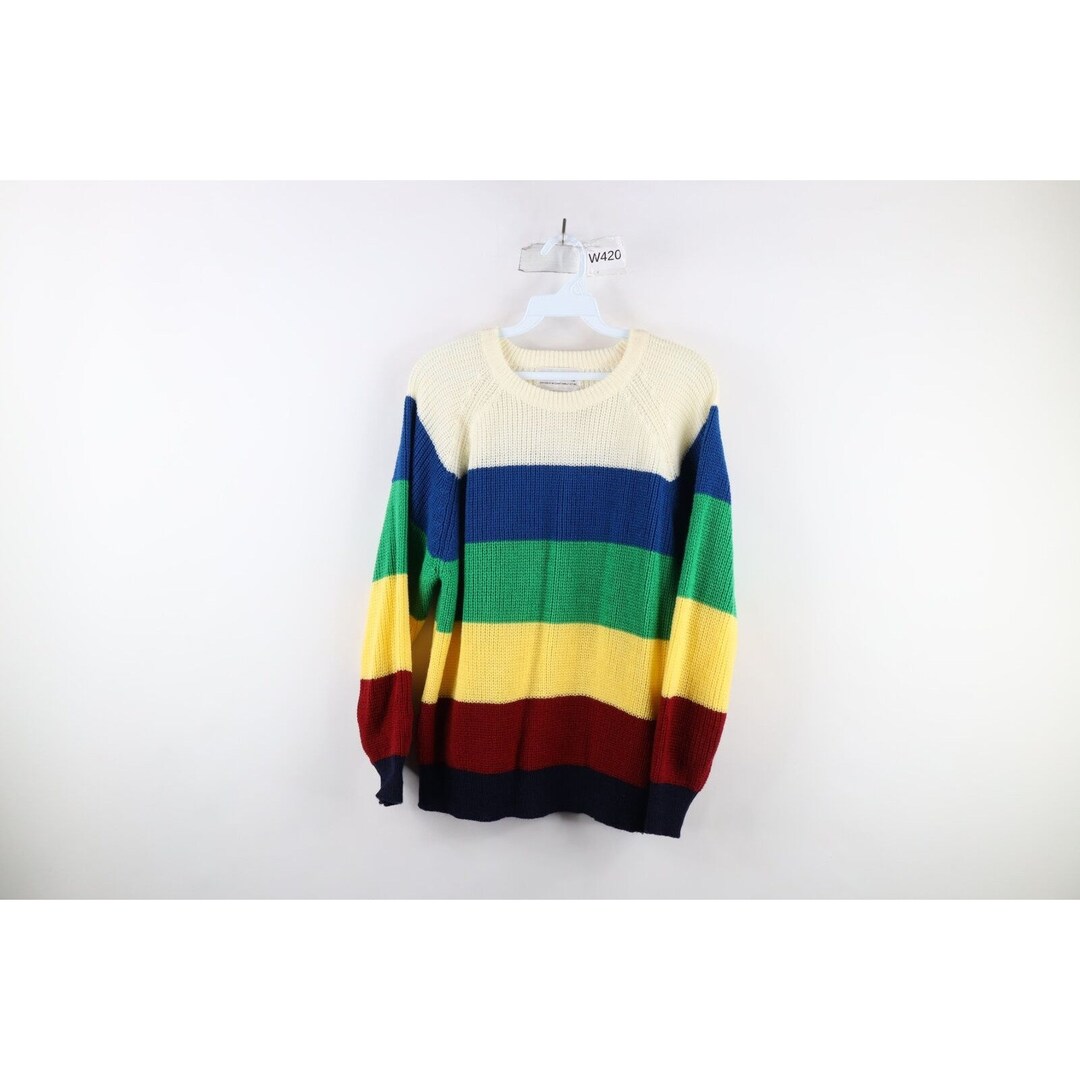 70s Streetwear Womens Large Rainbow Striped Color Block Ribbed Knit ...