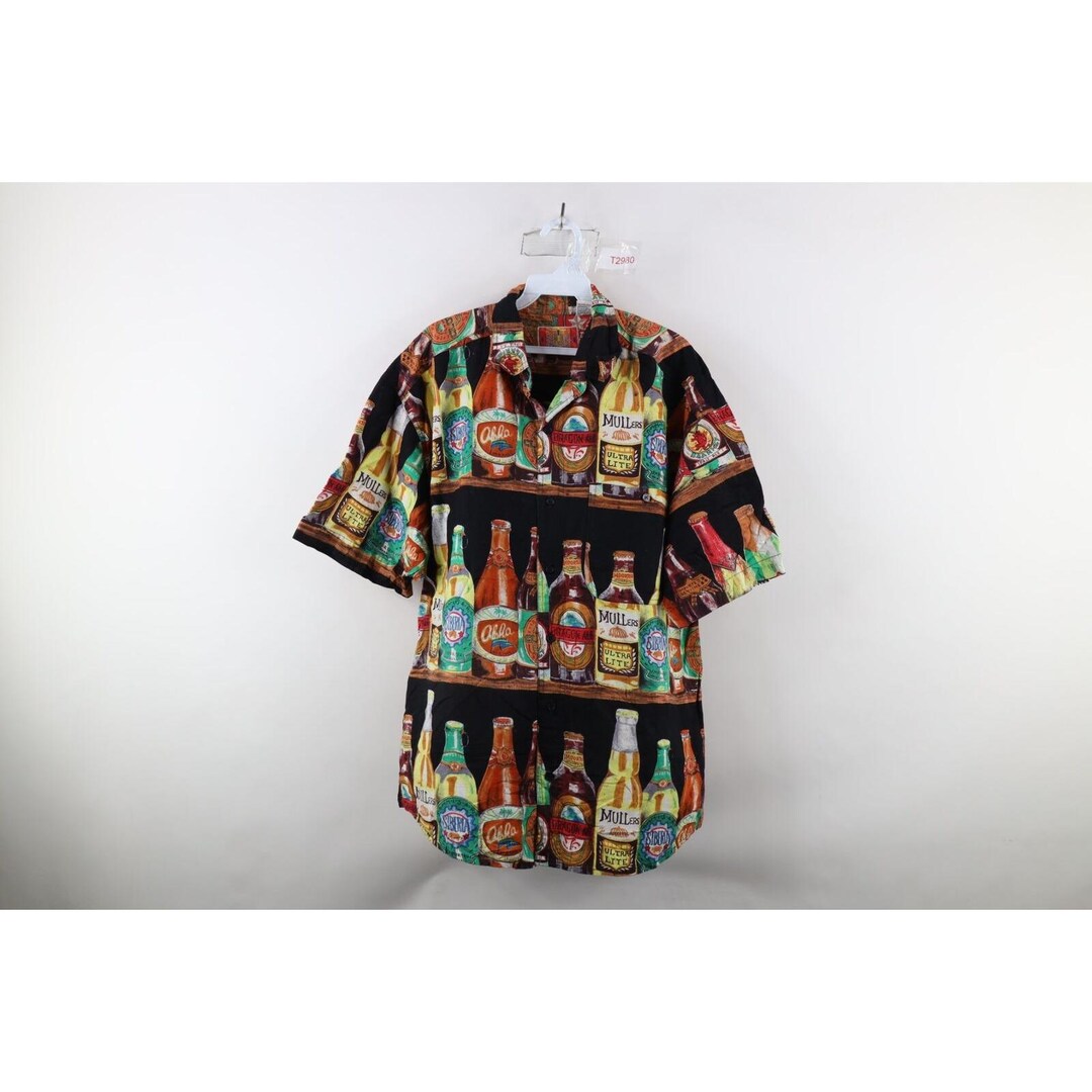 90s Streetwear Mens Large All Over Print Beer Hawaiian Party Button ...