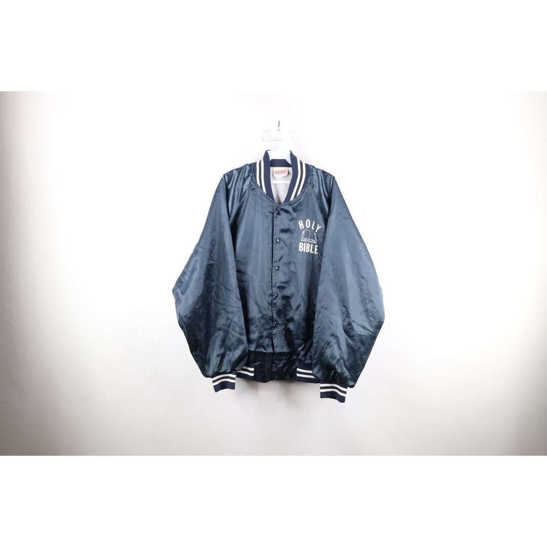 80s Mens 2XL Distressed Baptist Church Holy Bible Lined Satin Bomber ...