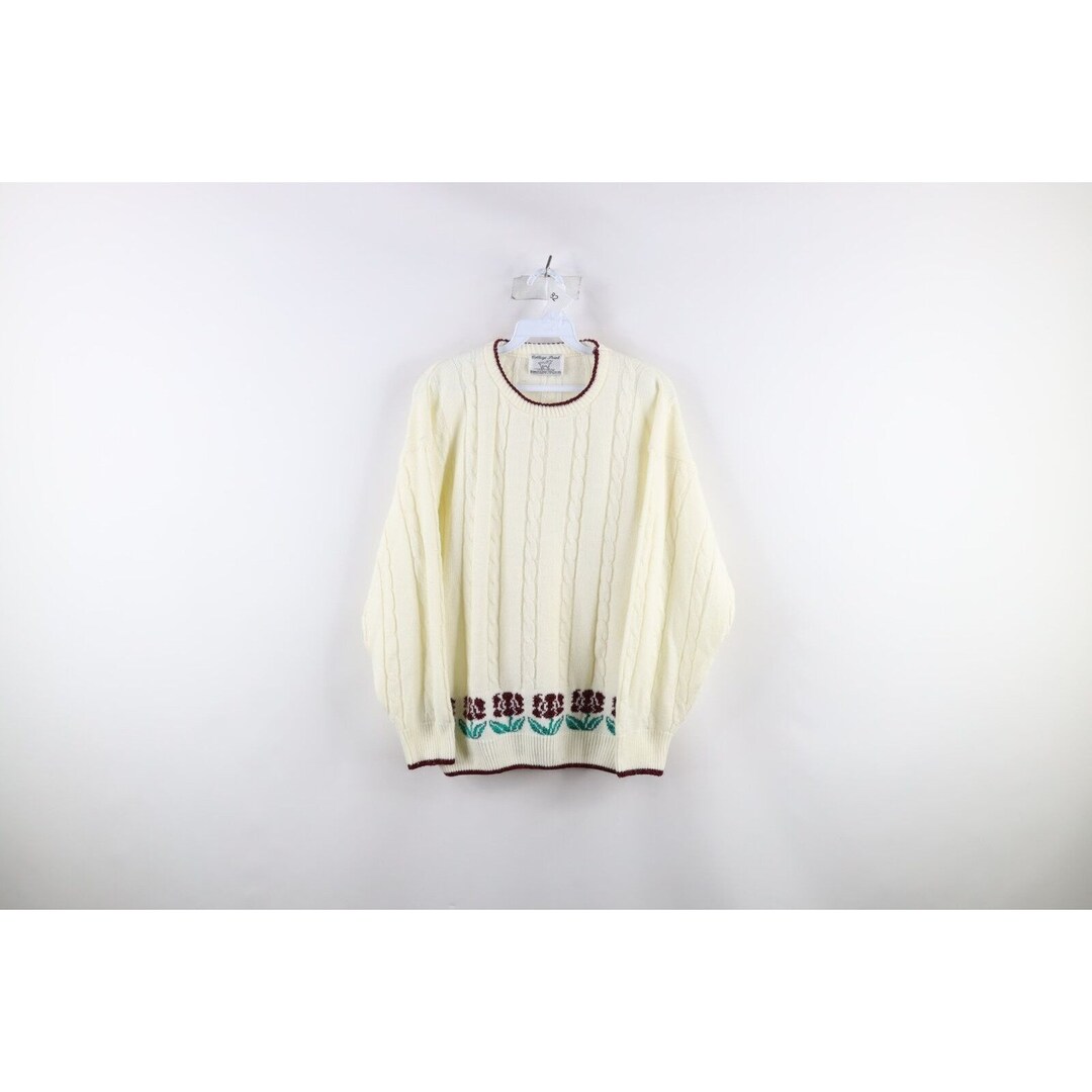 70s Country Primitive Womens Large Cable Knit Flower Rose Sweater USA ...