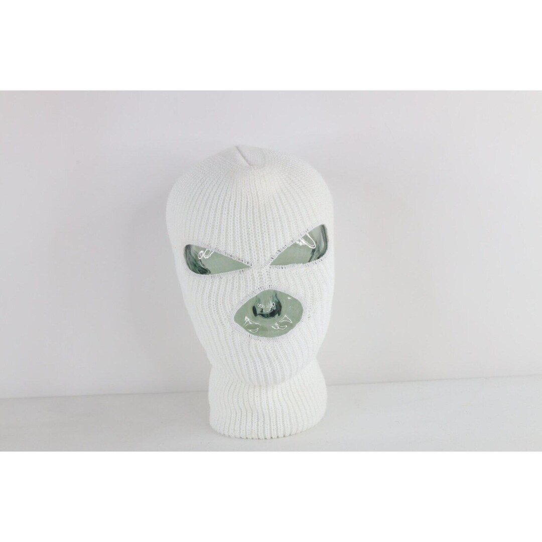 90s Streetwear Blank Chunky Ribbed Knit 3 Hole Robber Beanie Hat White ...