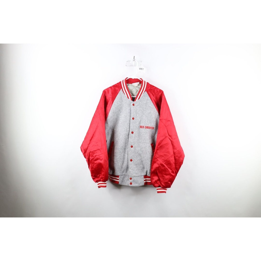 80s Streetwear Mens Large Distressed Bus Driver Fleece Satin Bomber ...