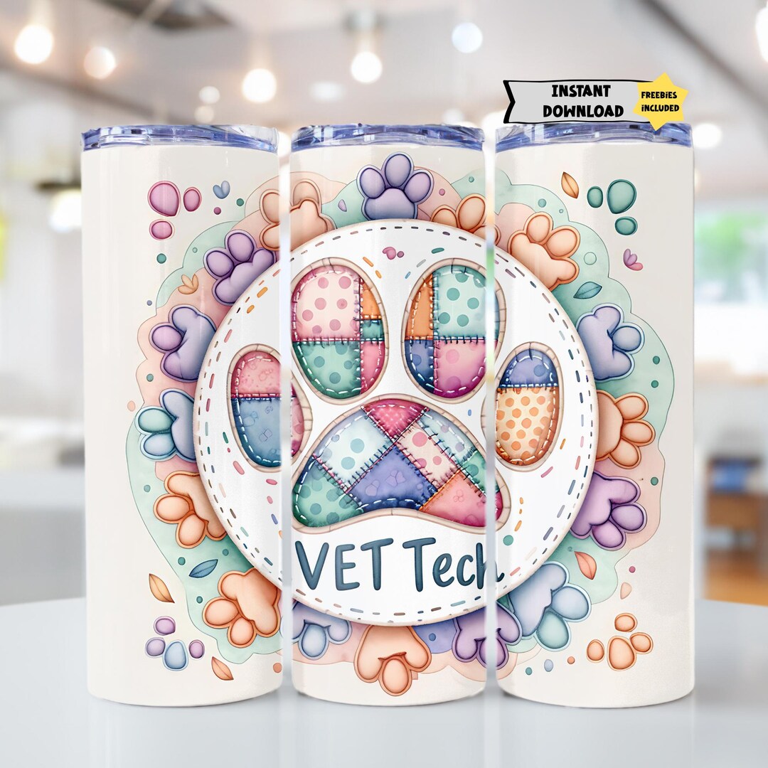 Vet Tech Tumbler Wrap PNG, Patchwork Paw Confetti, 20oz Skinny ...