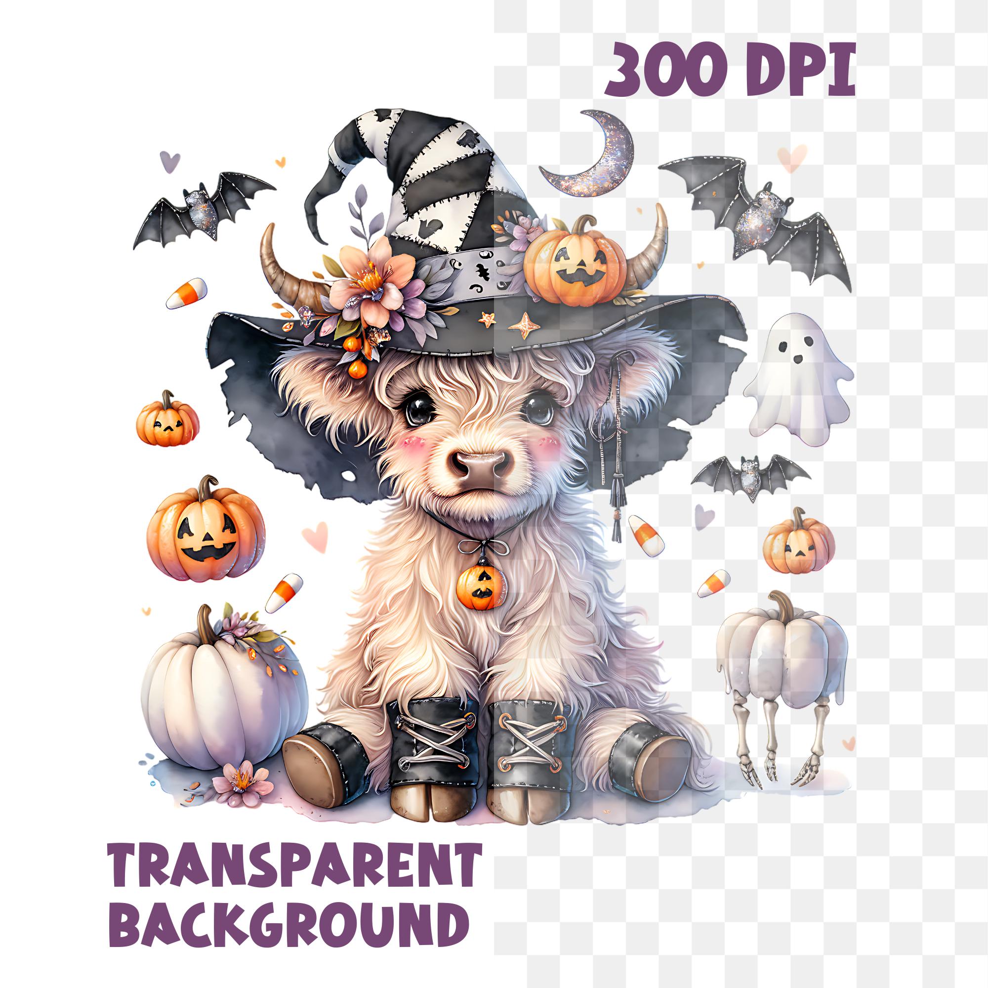 Watercolor Halloween Animals Clipart Png Bundle, Cute Fall Cow PNG ...