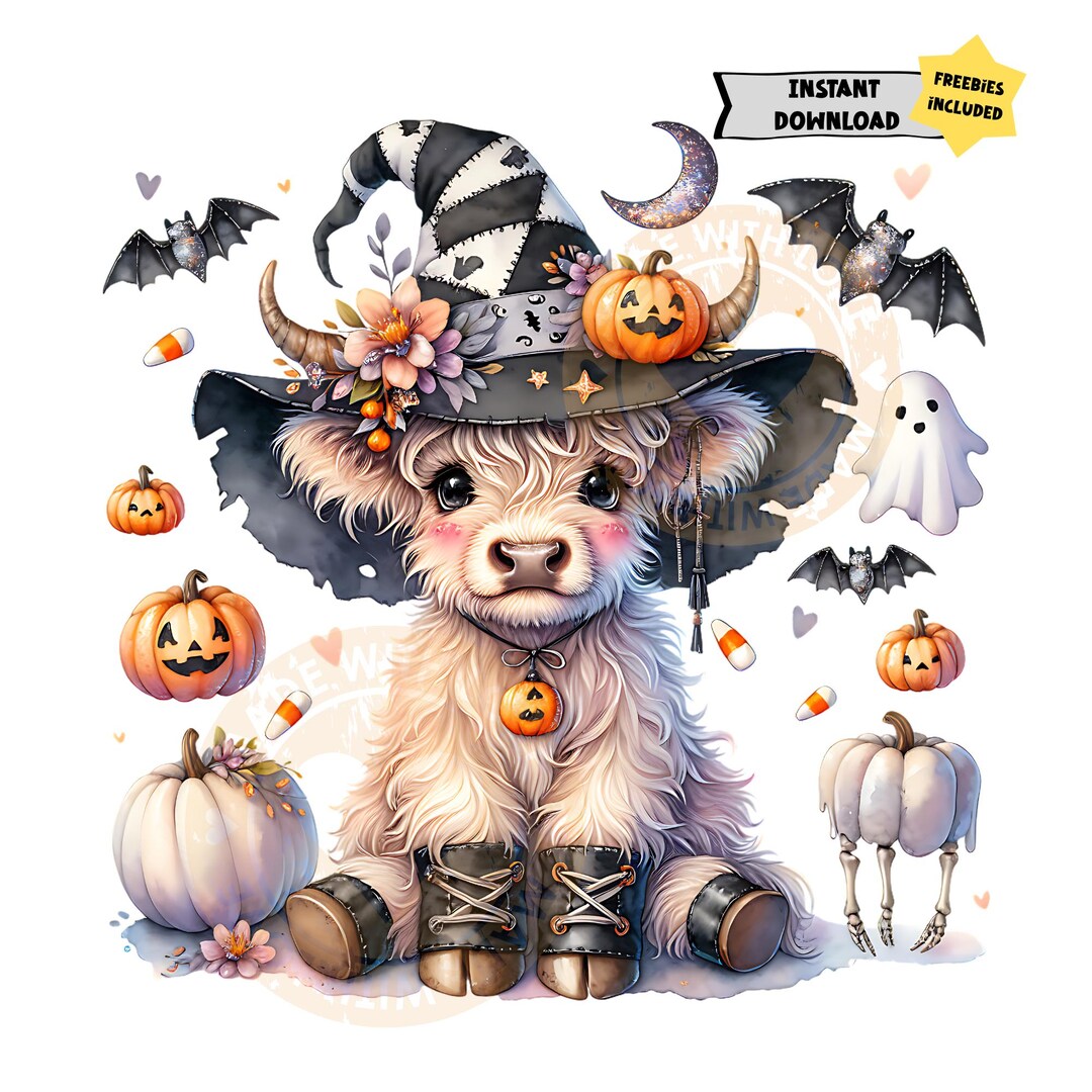Watercolor Halloween Animals Clipart Png Bundle, Cute Fall Cow PNG ...