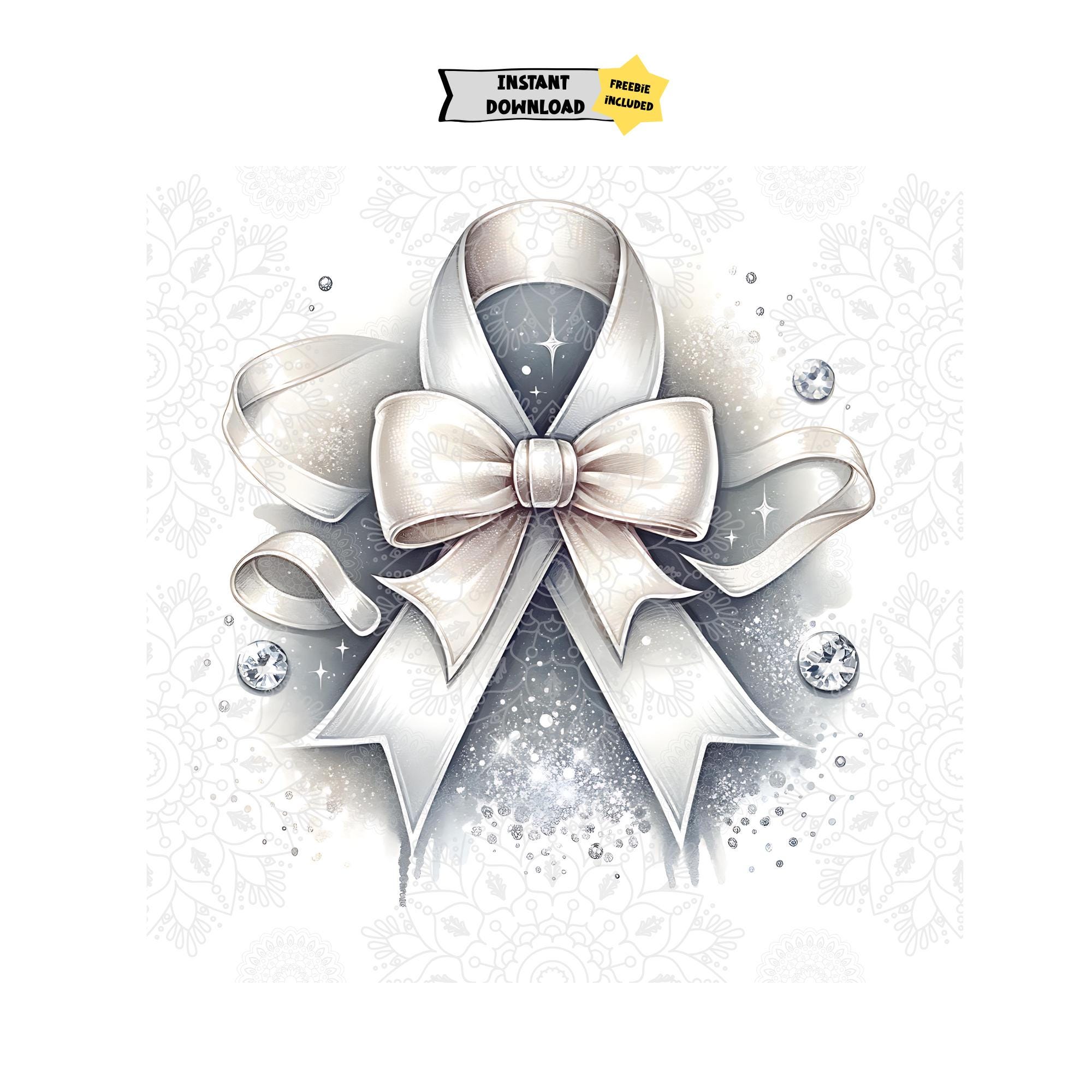 White Pearl Lung Cancer Ribbon PNG – Coquette Bow & Rhinestone Sparkle ...