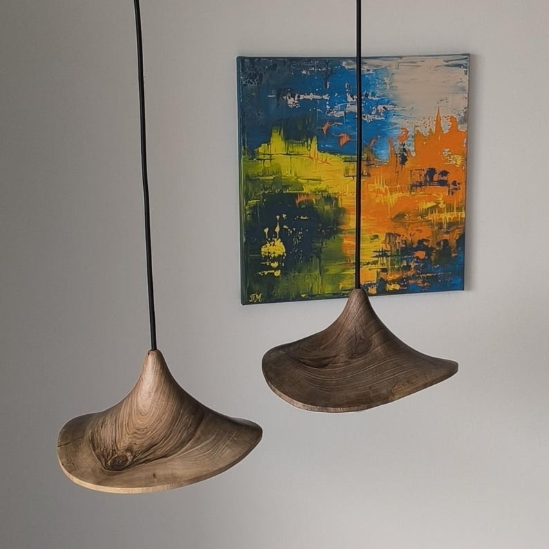 Wooden Pendant Light, Lamp Handmade, Ceiling Light With Wavy Edge for ...