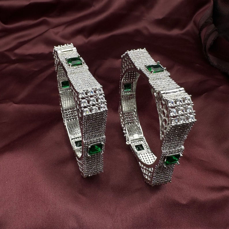 Quirky Fashions Emerald Green Square Shaped Bangle With Openable Hook, American Diamond CZ Kada ...