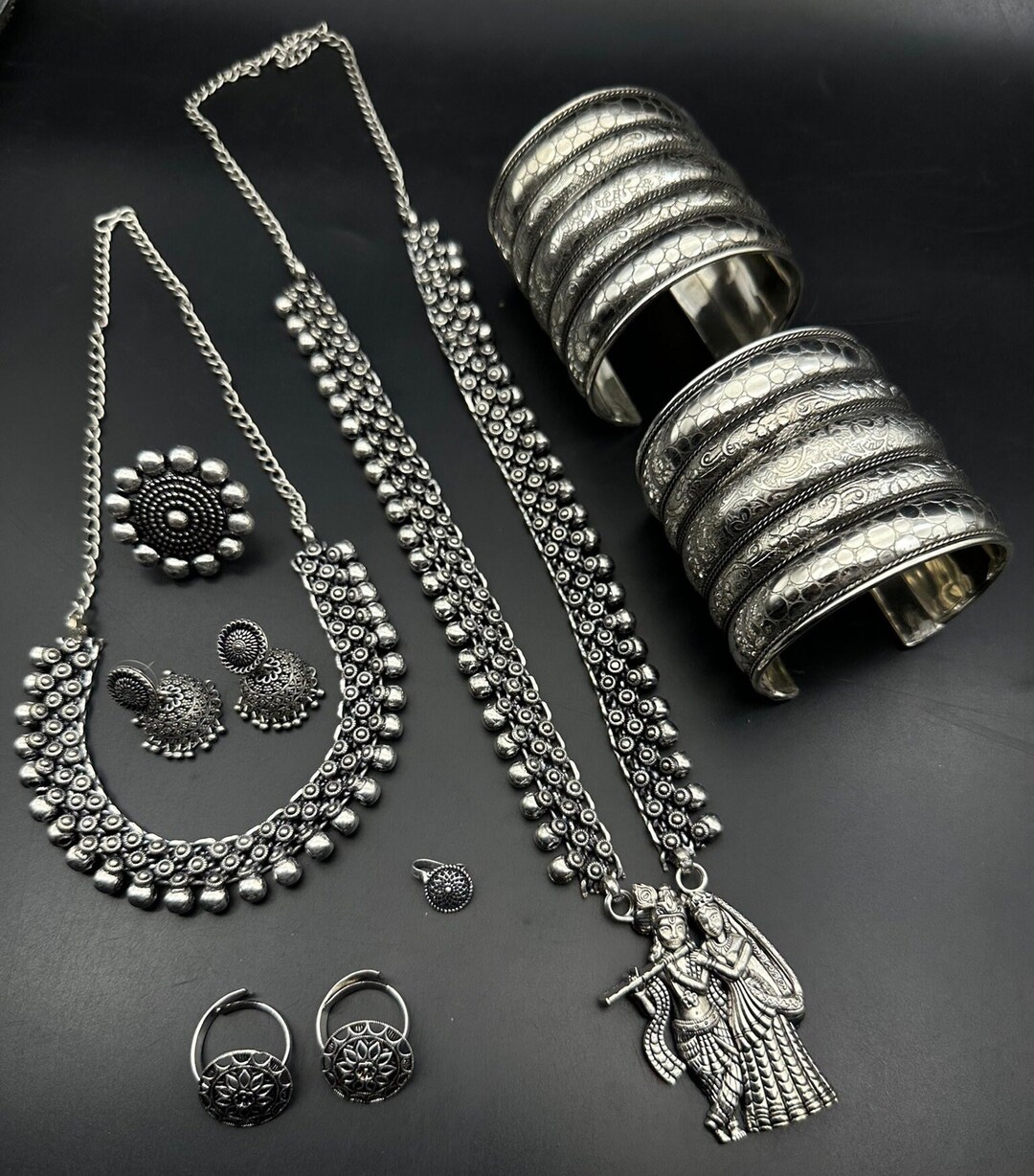 Radha Krishna Oxidized Silver Jewelry Set: Boho Necklace, Jhumka ...