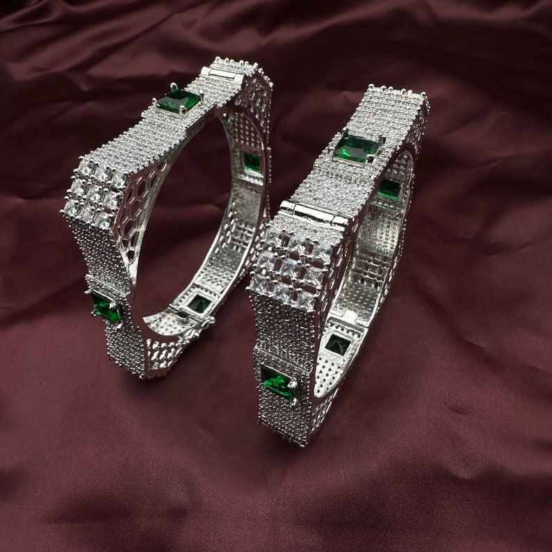 Quirky Fashions Emerald Green Square Shaped Bangle With Openable Hook, American Diamond CZ Kada ...
