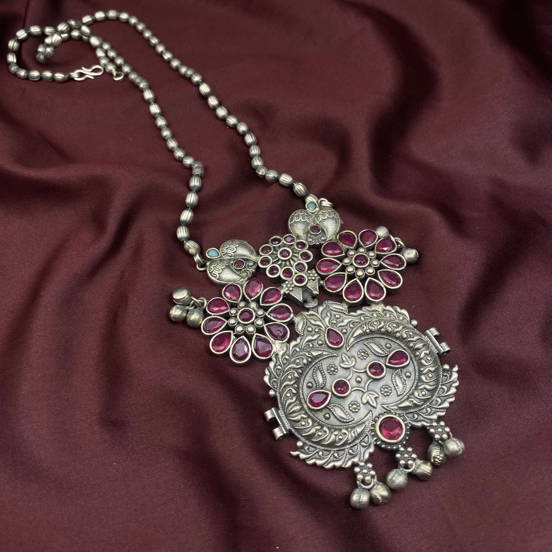 Floral Oxidized Silver Ghungroo Necklace: Ruby Gemstone, Tribal Jewelry ...