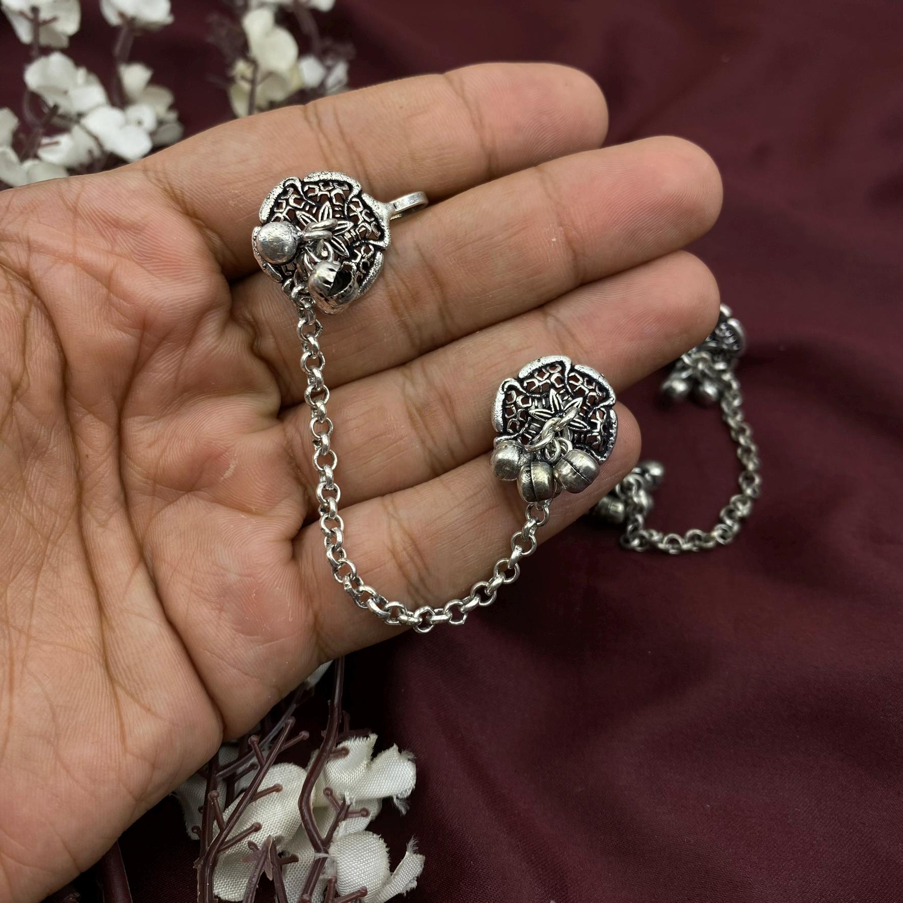 Oxidized Silver Ear Cuff With Chain and Jhumka | Non-piercing Statement ...