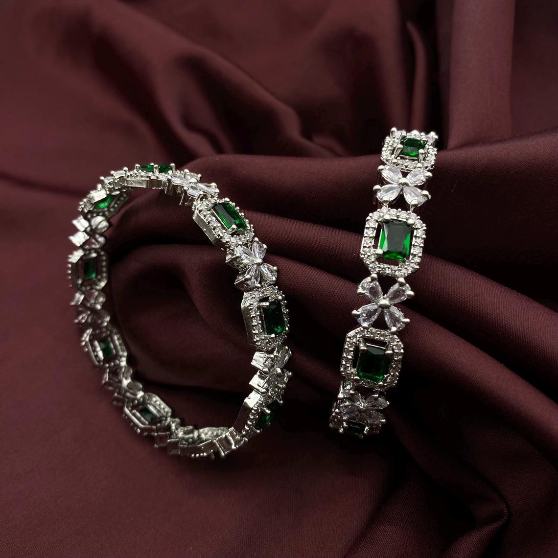 Emerald Green CZ Indian Bangle: Silver Floral Design (size 2.4 & 2.6 ...
