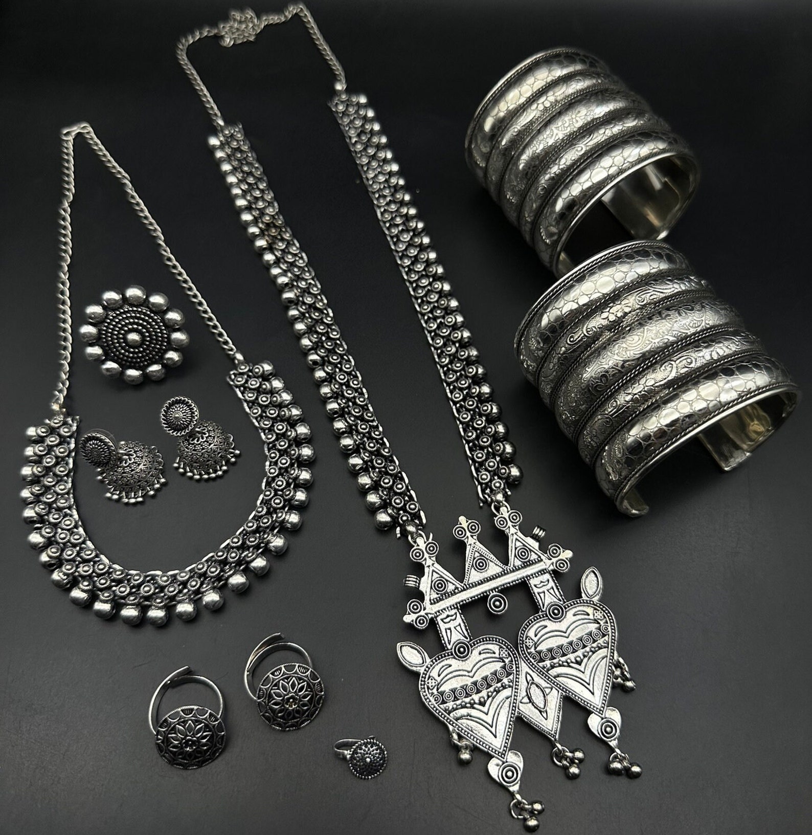Set of 7 Pc, Boho Long Necklace Set, Oxidized Jewelry Set, Ethnic ...