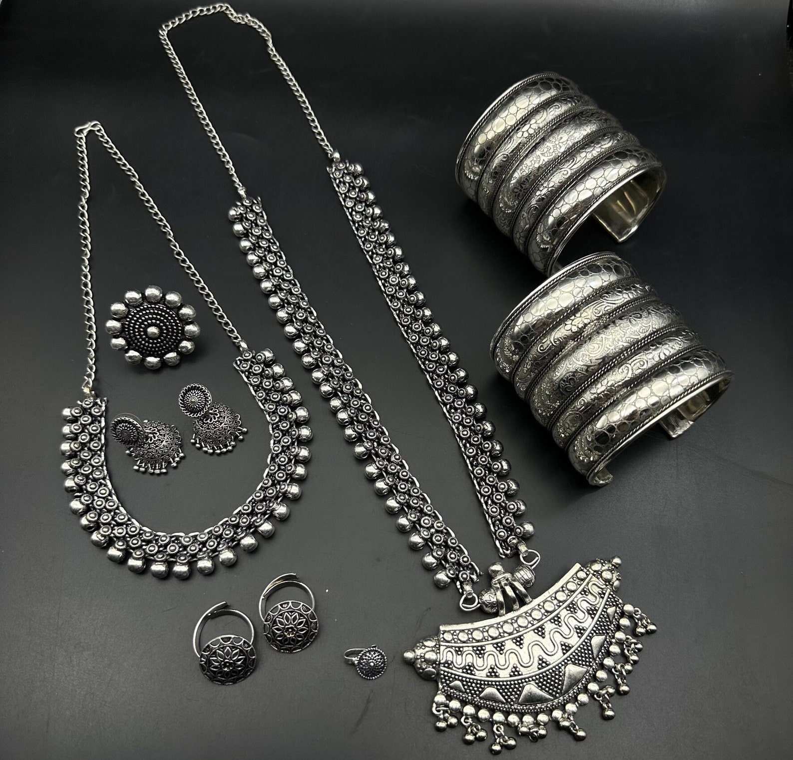 Set of 7 Pc, Boho Long Necklace Set, Oxidized Jewelry Set, Ethnic ...