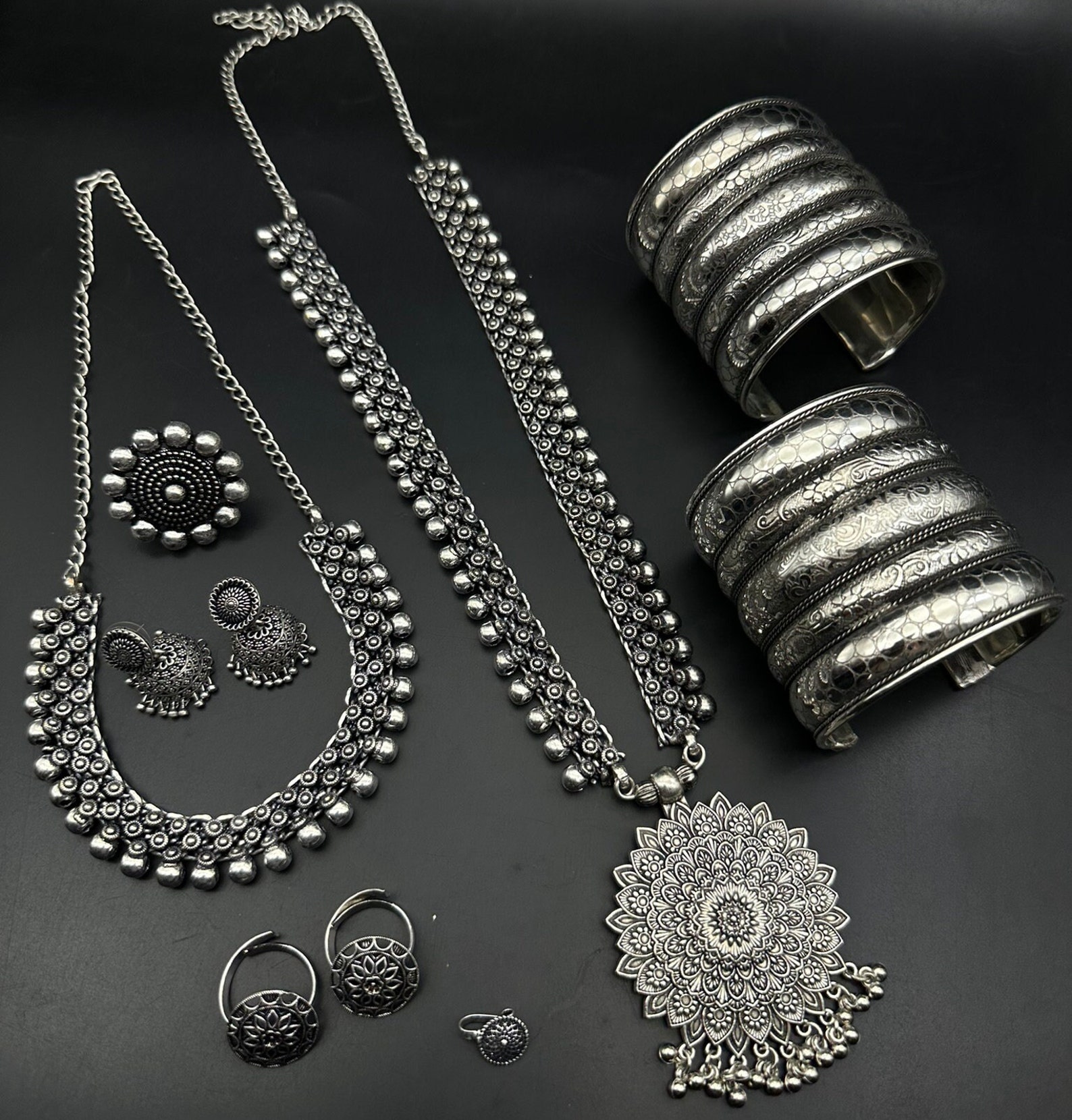 Set of 7 Pc, Boho Long Necklace Set, Oxidized Jewelry Set, Ethnic ...