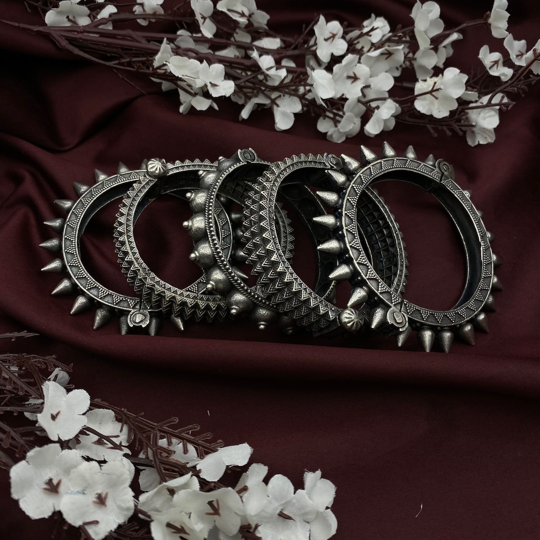 Set of 5 Pc Indian Oxidised Silver Kada Bangles Ethnic Tribal Antique Vintage Temple Jewelry ...