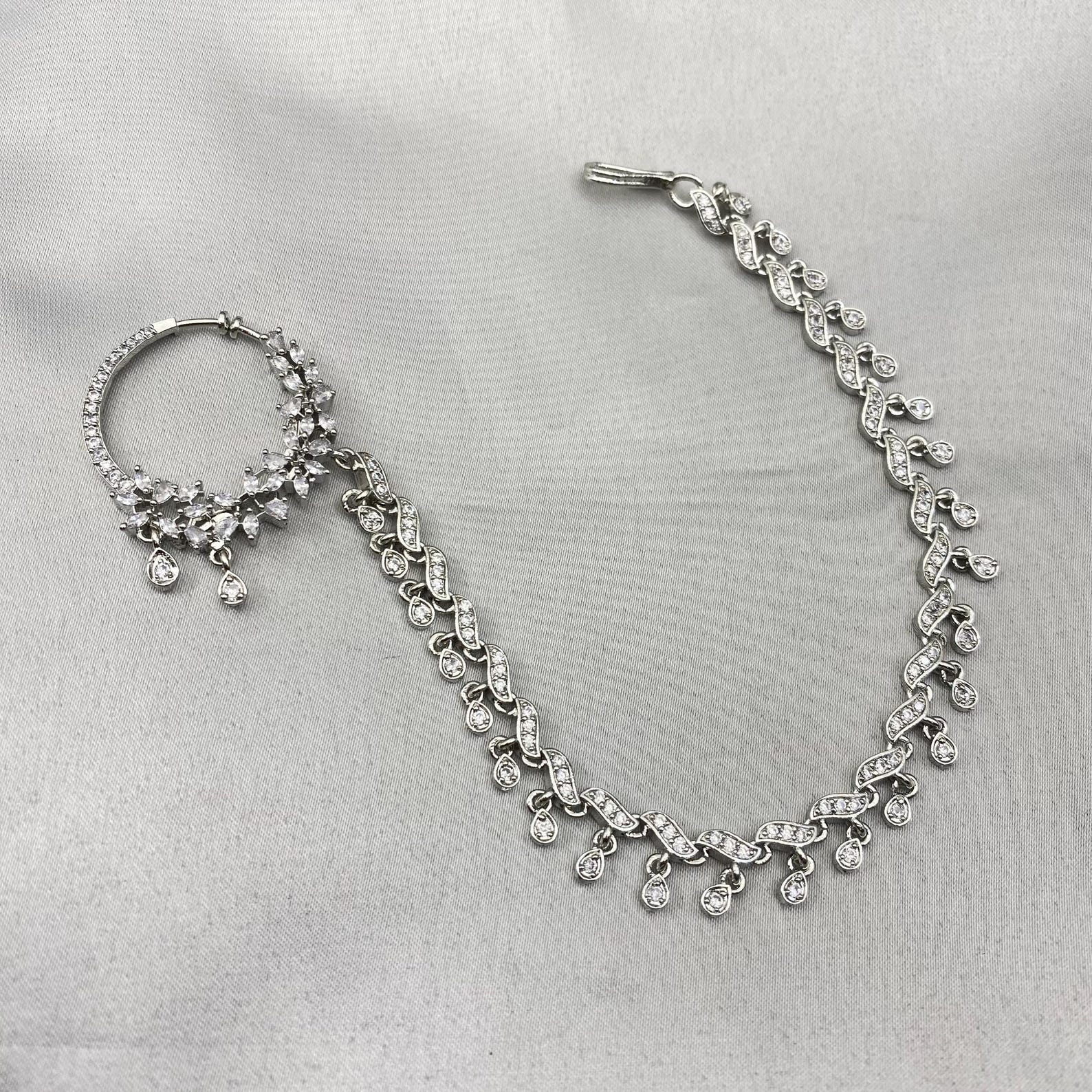 CZ Diamond Nath With Chain: Silver Bridal Nose Ring, Indian Wedding ...