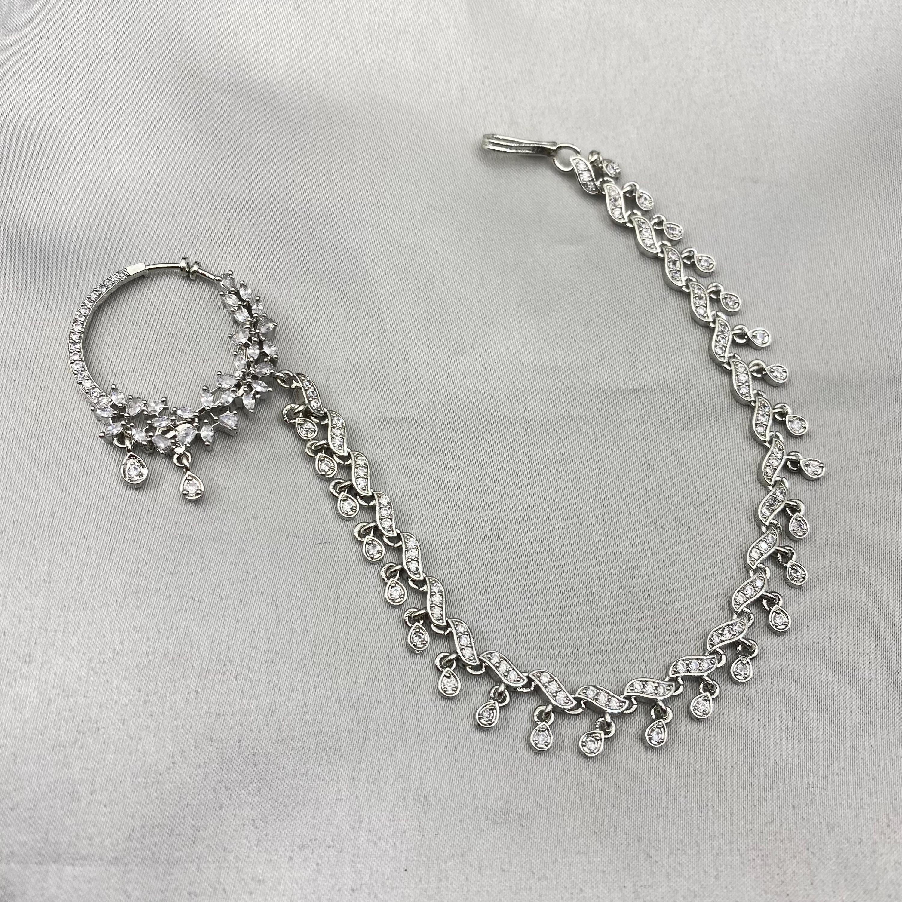 CZ Diamond Nath With Chain: Silver Bridal Nose Ring, Indian Wedding ...