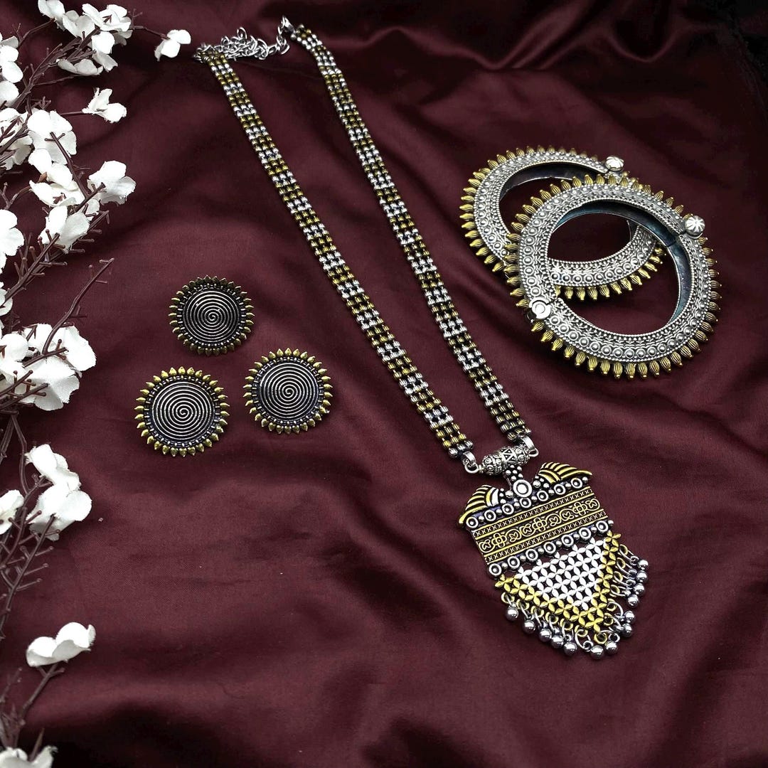Indian Dual Tone Oxidised Jewelry Set, Long Necklace Set, Ethnic ...