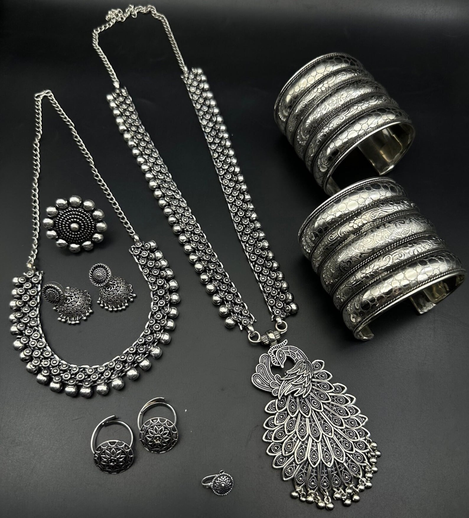 Set of 7 Pc, Boho Long Necklace Set, Oxidized Jewelry Set, Ethnic ...