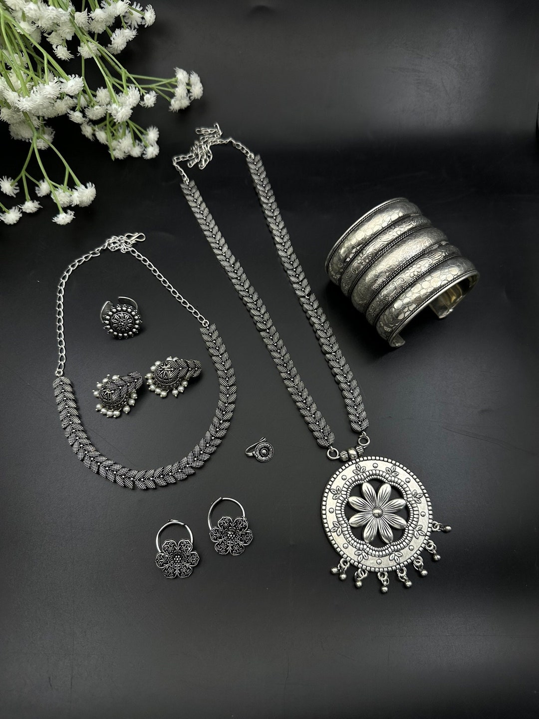 Quirky Fashions Set of 7 Oxidized Silver Jewelry Combo Sets | Flower ...