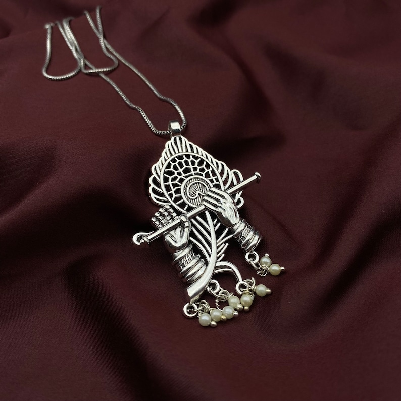 Radha Krishna Oxidized Chain Pendant Set of 5 Pc, Janmashtami Jewelry ...