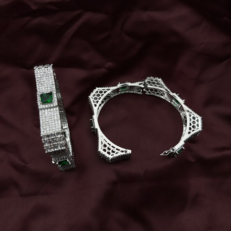 Quirky Fashions Emerald Green Square Shaped Bangle With Openable Hook, American Diamond CZ Kada ...
