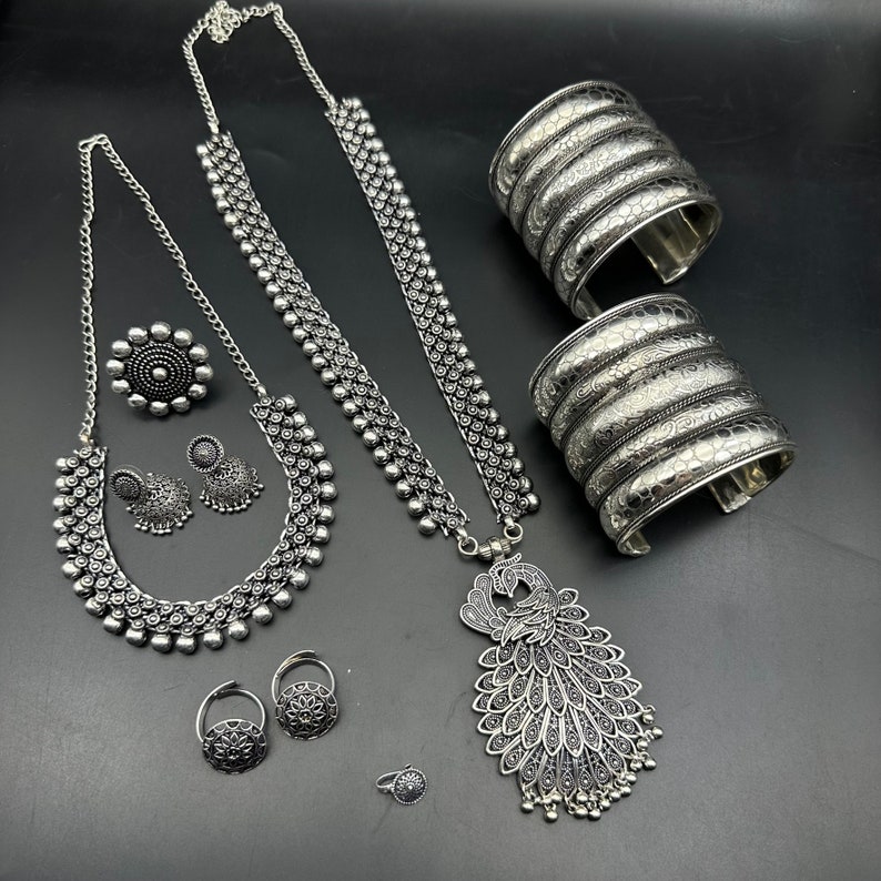 Set of 7 Pc, Boho Long Necklace Set, Oxidized Jewelry Set, Ethnic ...