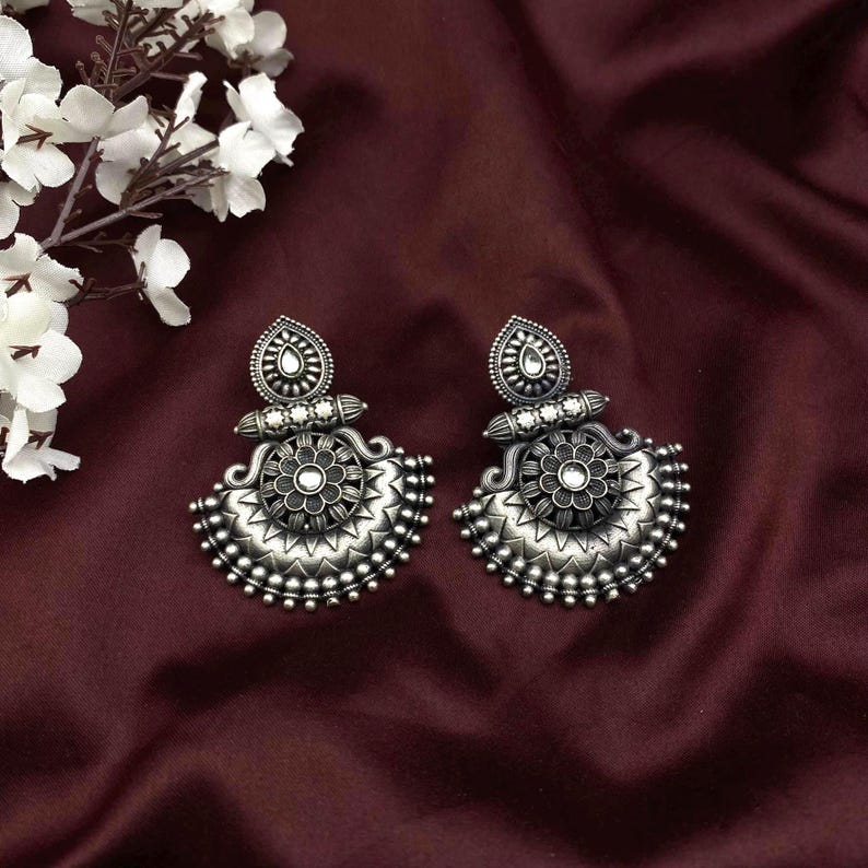 Handcrafted Oxidized Silver Jhumka Earrings With Floral Stones | 10 ...