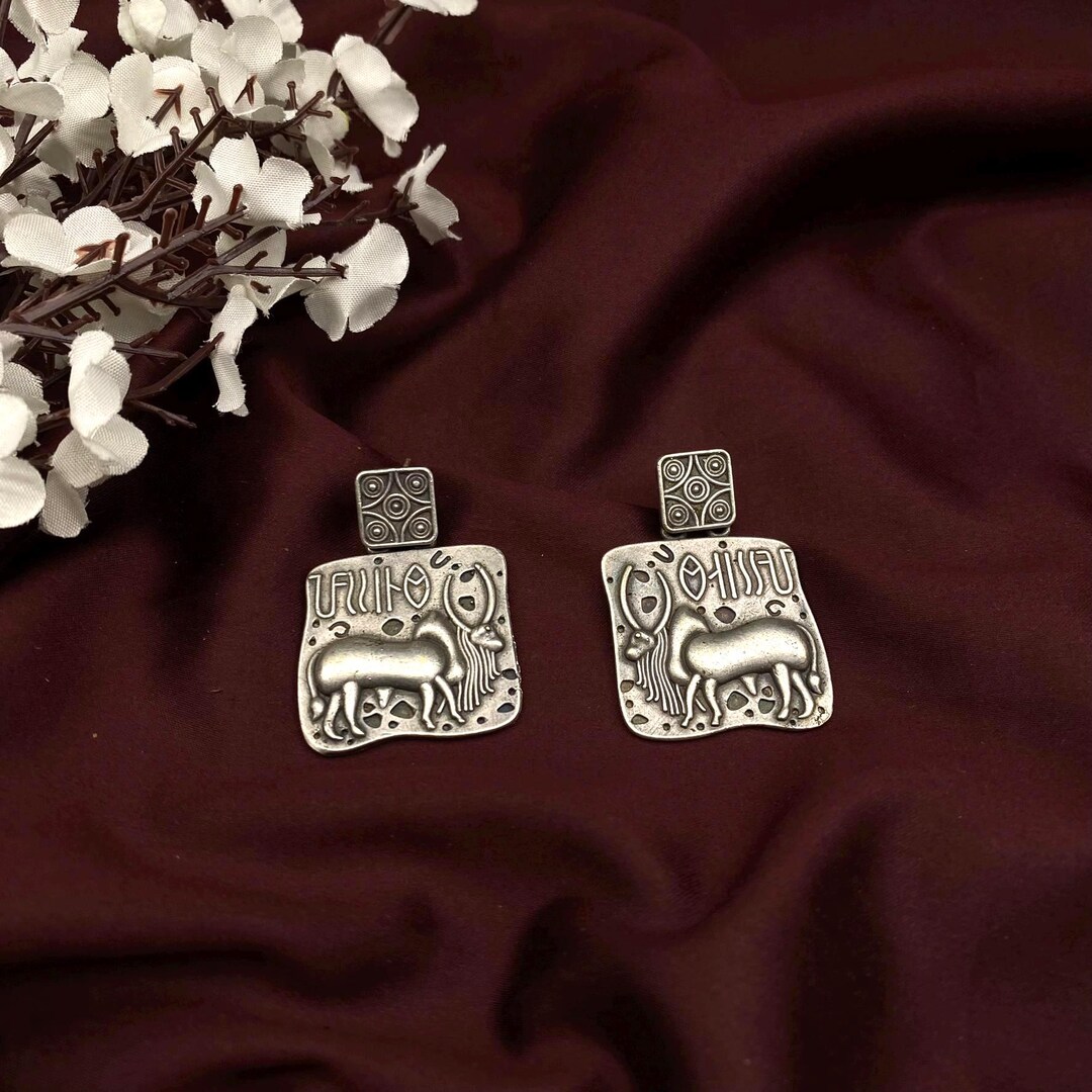 Oxidized Silver Bull Seal Earrings: Handmade Harappa Tribal Jewelry ...