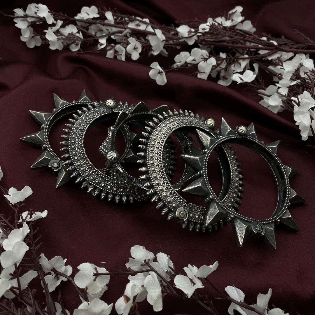 Set of 5 Pc Indian Oxidised Silver Kada Bangles Ethnic Tribal Antique Vintage Temple Jewelry ...