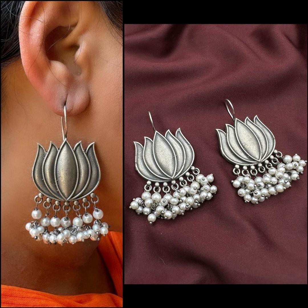 Lotus Flower Indian Oxidised Silver Jewelry Hoop Bugadi Hanging ...