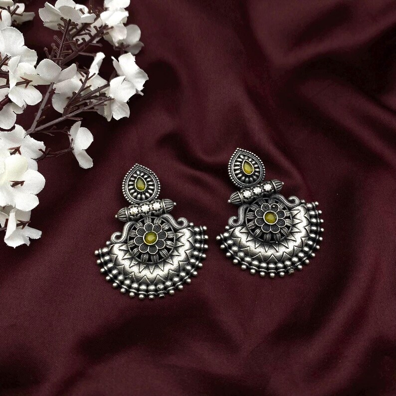 Handcrafted Oxidized Silver Jhumka Earrings With Floral Stones | 10 ...