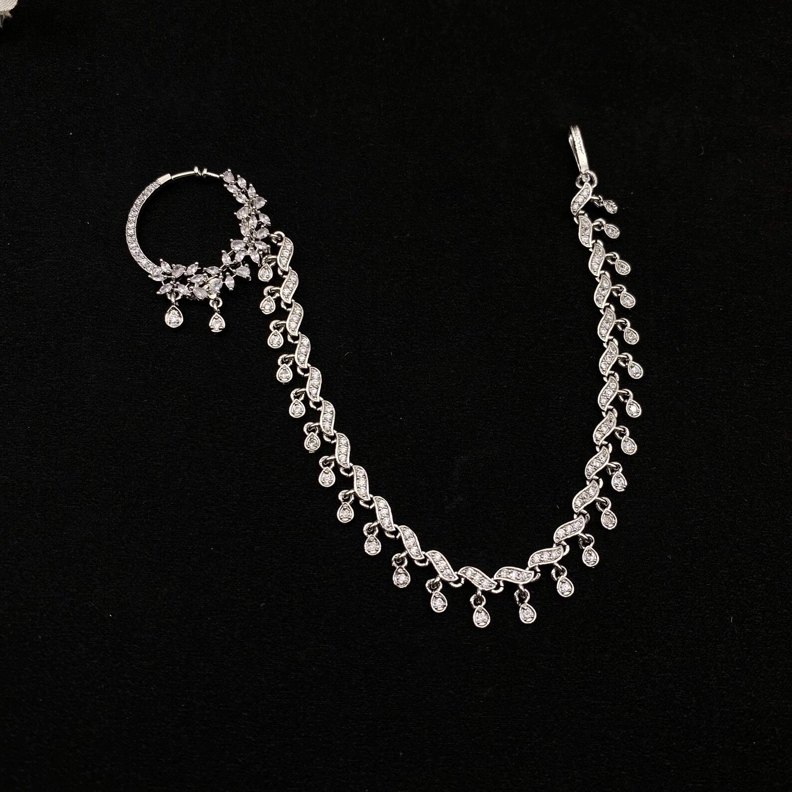 CZ Diamond Nath With Chain: Silver Bridal Nose Ring, Indian Wedding ...