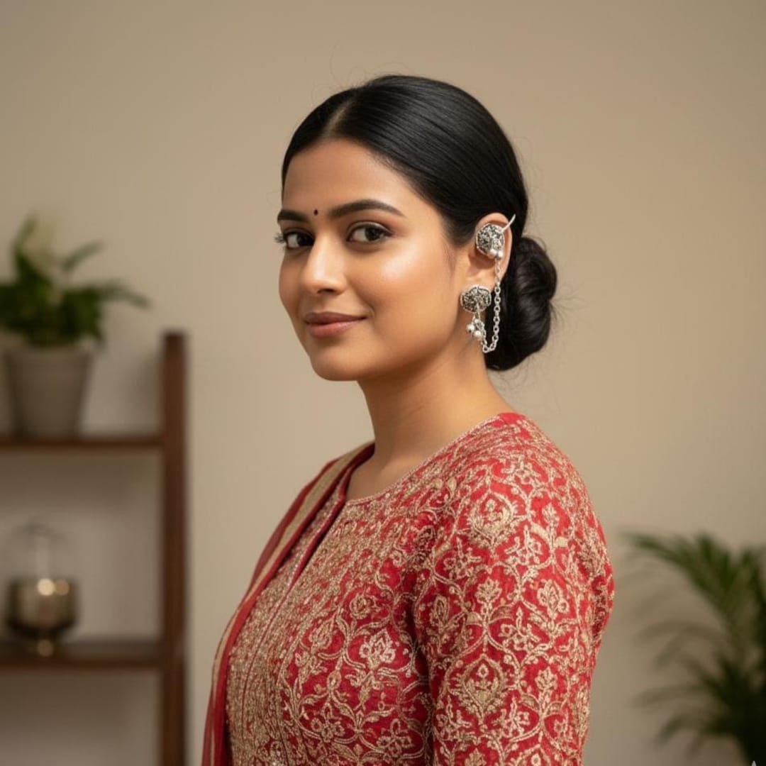 Oxidized Silver Ear Cuff With Chain and Jhumka | Non-piercing Statement ...