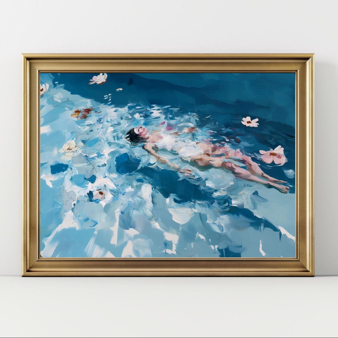 Dreamy Pool Art Print – Woman Floating in Blue Water, Impressionist ...