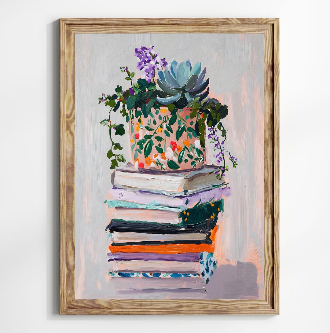 Stack of Books Painting, Pastel Flora Book Lover Print, Bookworm Gift ...